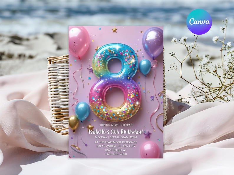 8th Birthday Invitation Girl Pink Pastel Eight Birthday Editable ...