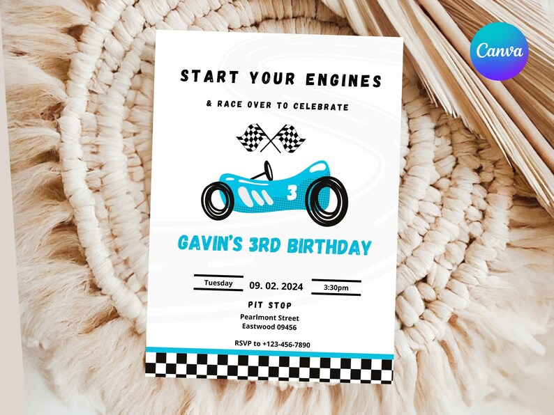 Editable Racing Car Birthday Invitation Blue Race Car 3rd Birthday ...