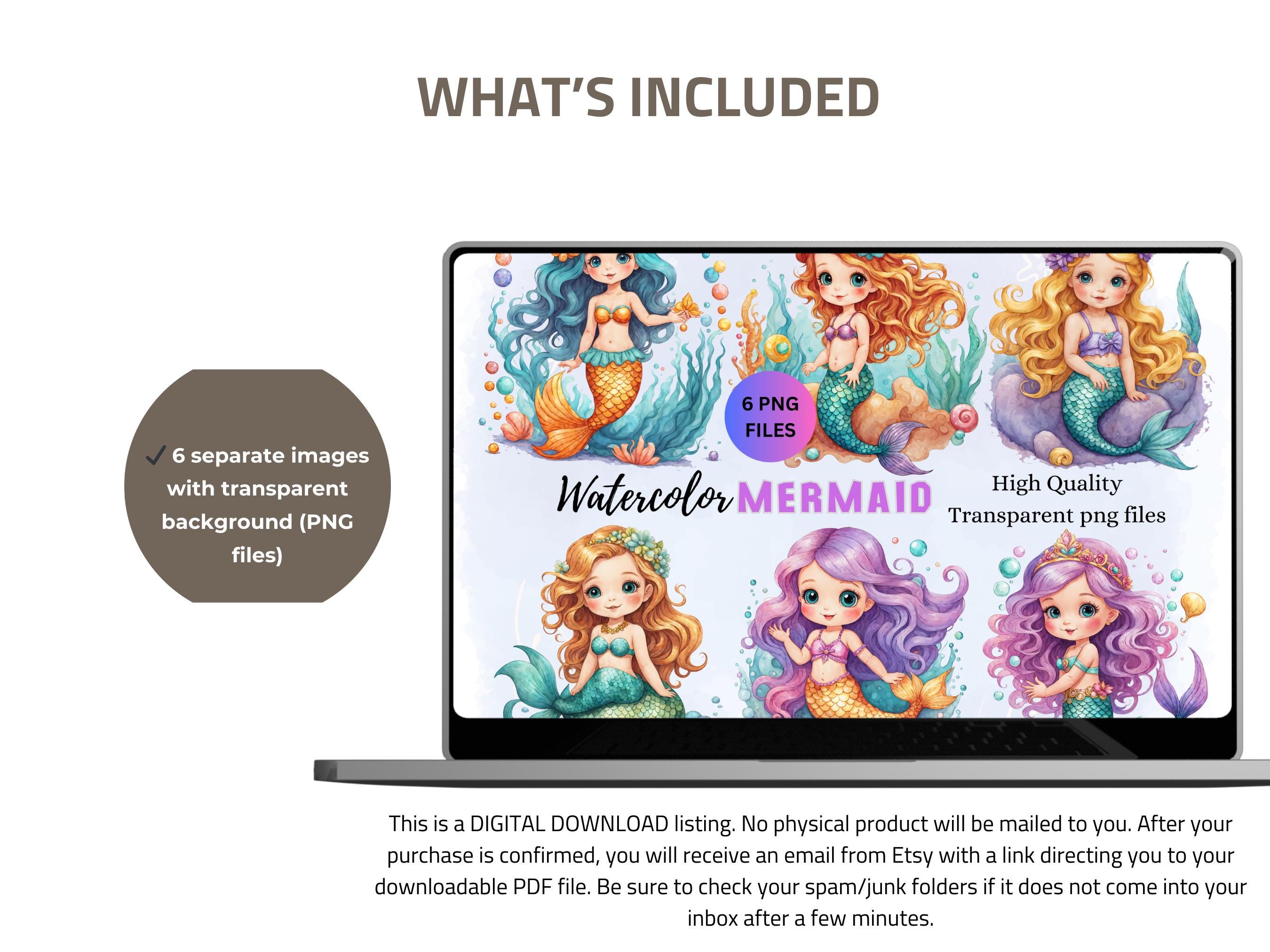 Mermaid PNG Mermaid Clipart Bundle Watercolor Cute Whimsical Underwater ...