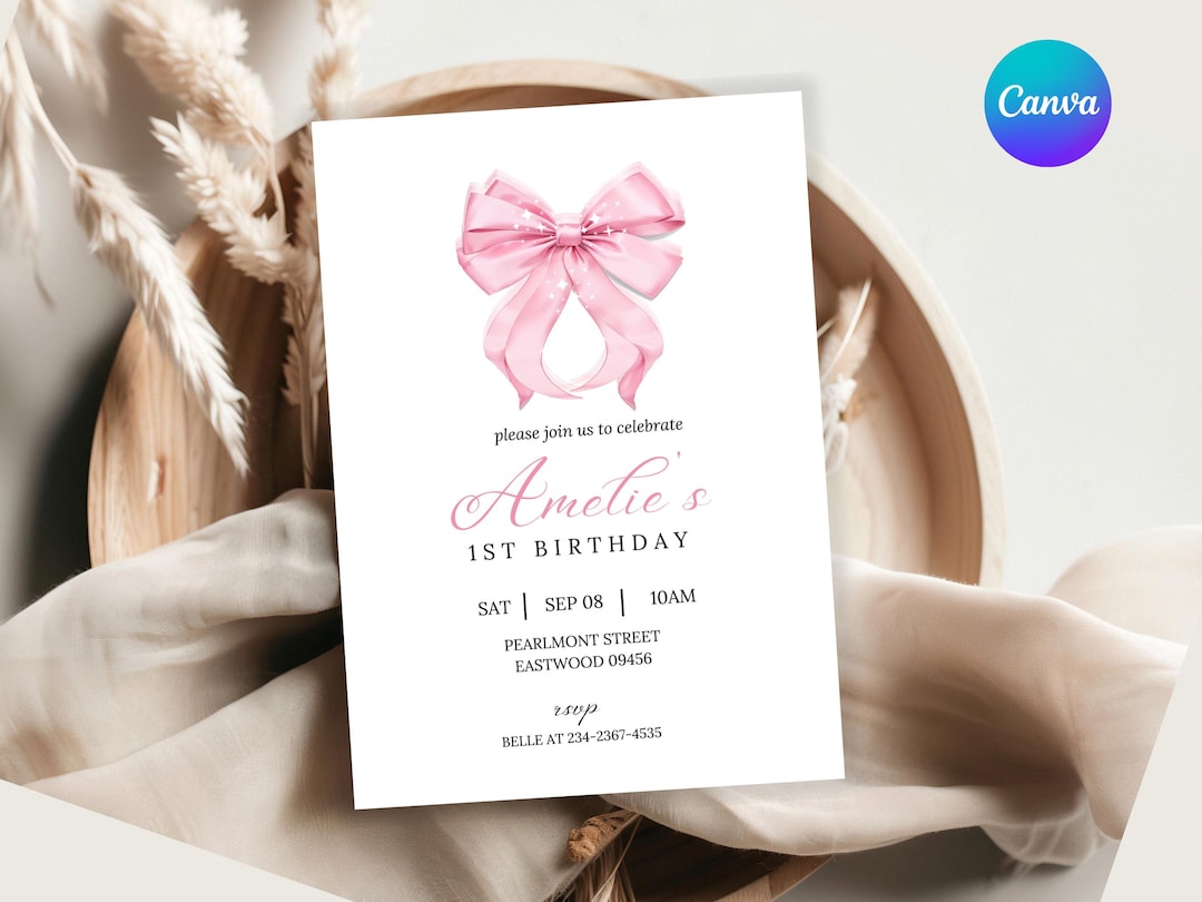 Editable Pink Bow Birthday Invitation Pink Bow Invitation Pink Coquette ...