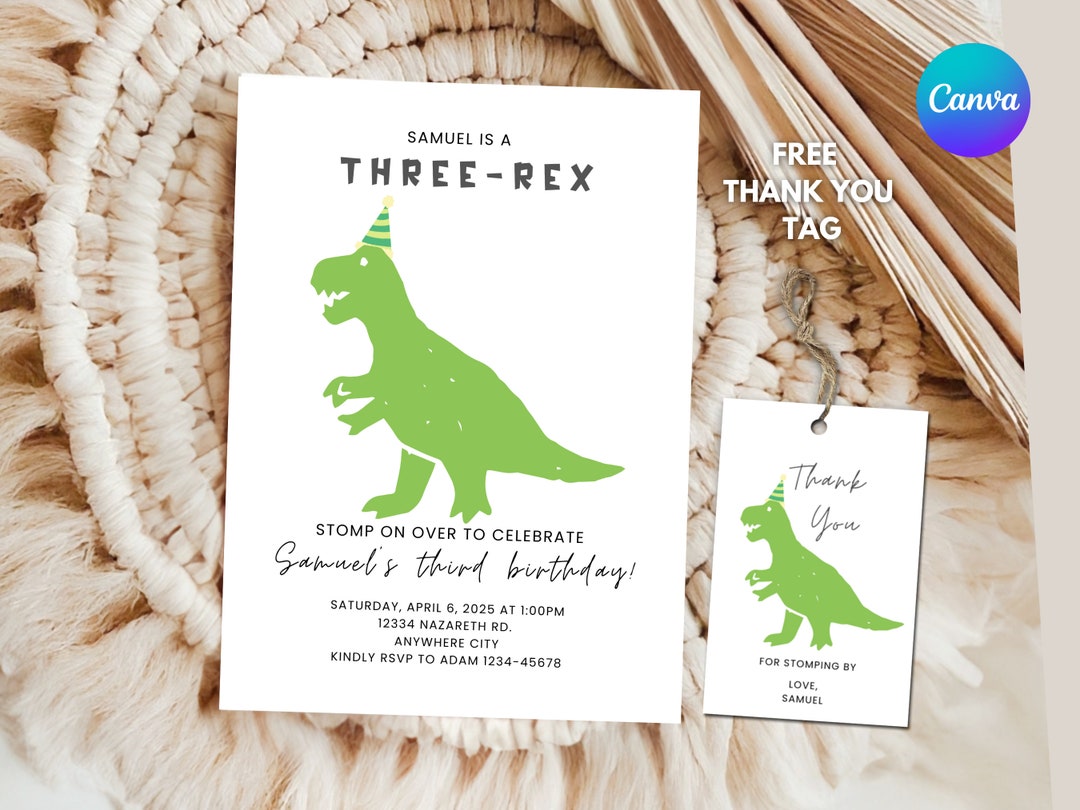 Invitación de cumpleaños de dinosaurio editable Tres Rex 3-Rex Dinosaur ...