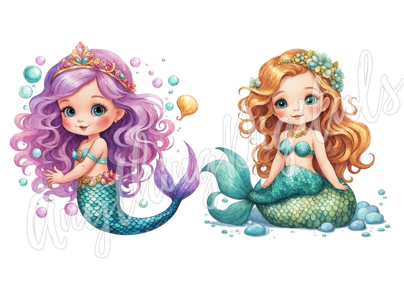 Mermaid PNG Mermaid Clipart Bundle Watercolor Cute Whimsical Underwater ...