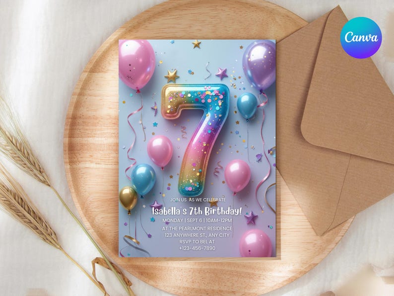 7th Birthday Invitation Girl Pink Pastel Seventh Birthday Editable ...