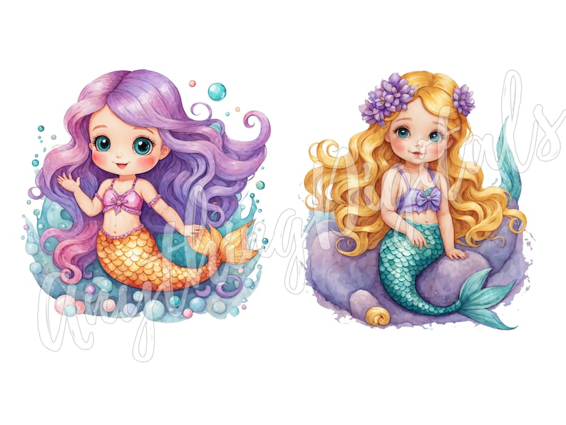 Mermaid PNG Mermaid Clipart Bundle Watercolor Cute Whimsical Underwater ...