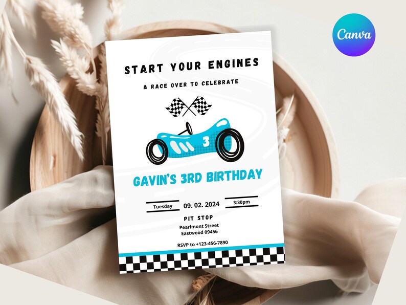 Editable Racing Car Birthday Invitation Blue Race Car 3rd Birthday ...