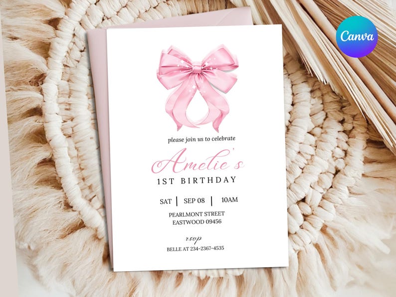 Editable Pink Bow Birthday Invitation Pink Bow Invitation Pink Coquette ...