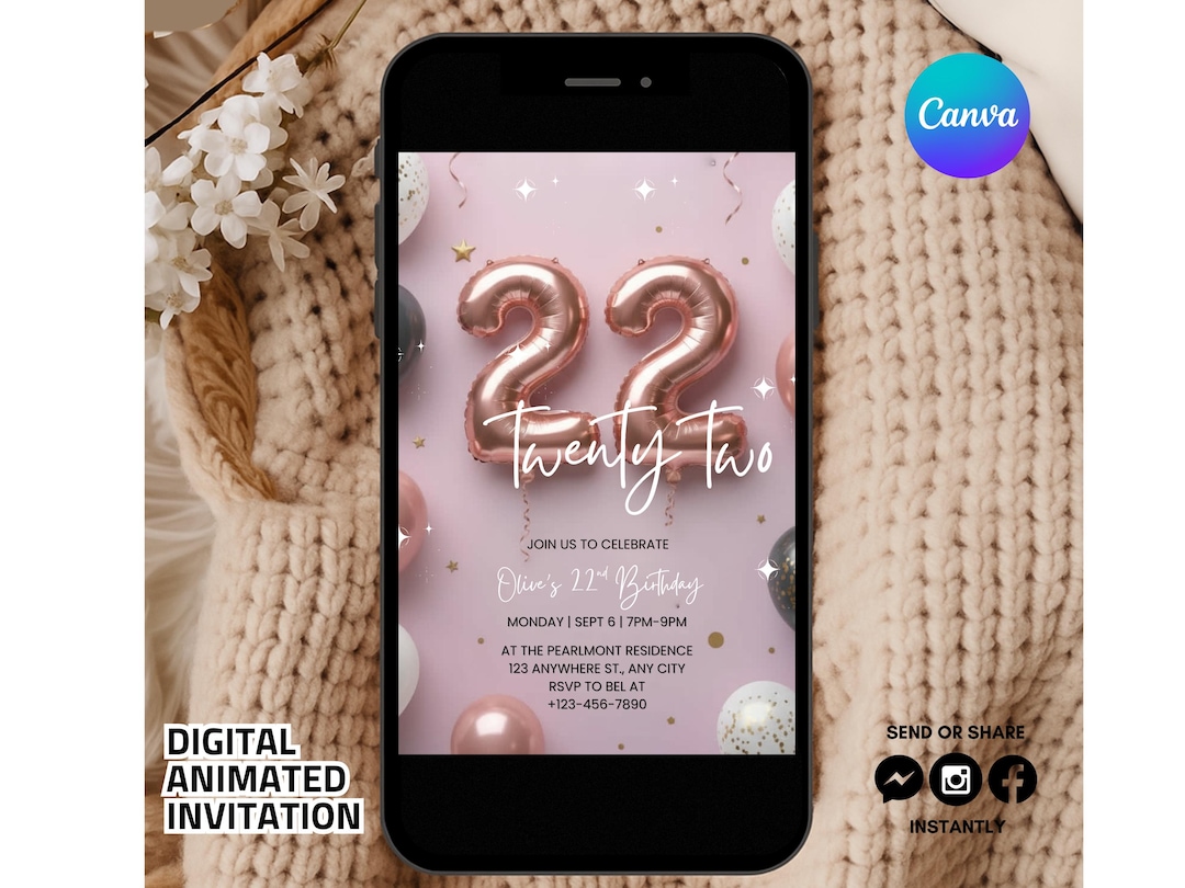 22nd Birthday Animated Invitation | Rose Gold Balloon Video Invite ...