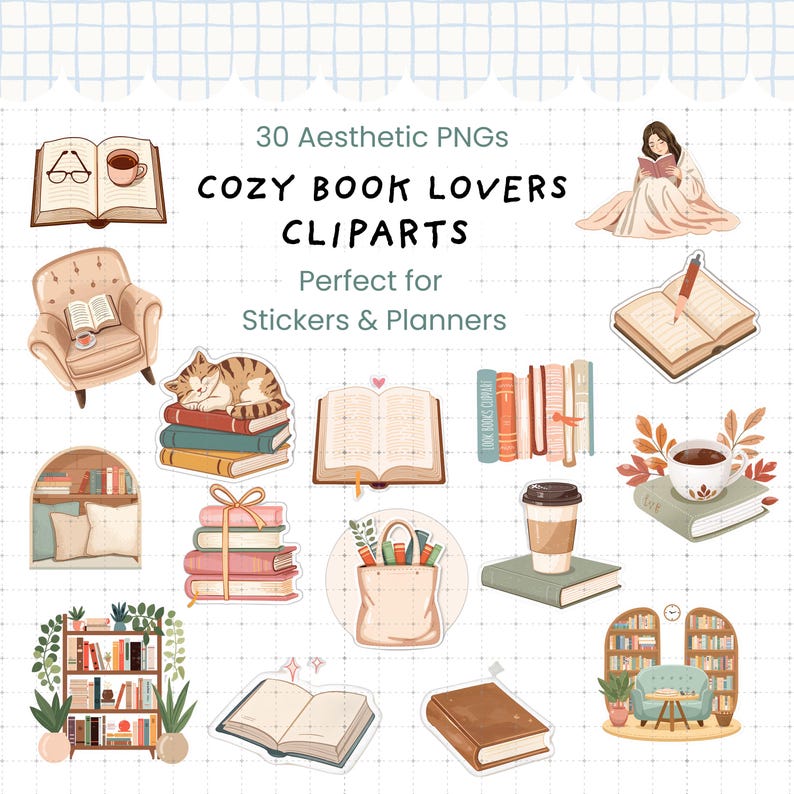 Cozy Book Lover Clipart Bundle PNG | Aesthetic Reading Stickers ...