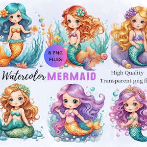 Mermaid PNG Mermaid Clipart Bundle Watercolor Cute Whimsical Underwater ...