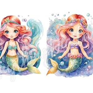 Mermaid Clipart Bundle Mermaid PNG Watercolor Cute Whimsical Mermaid ...