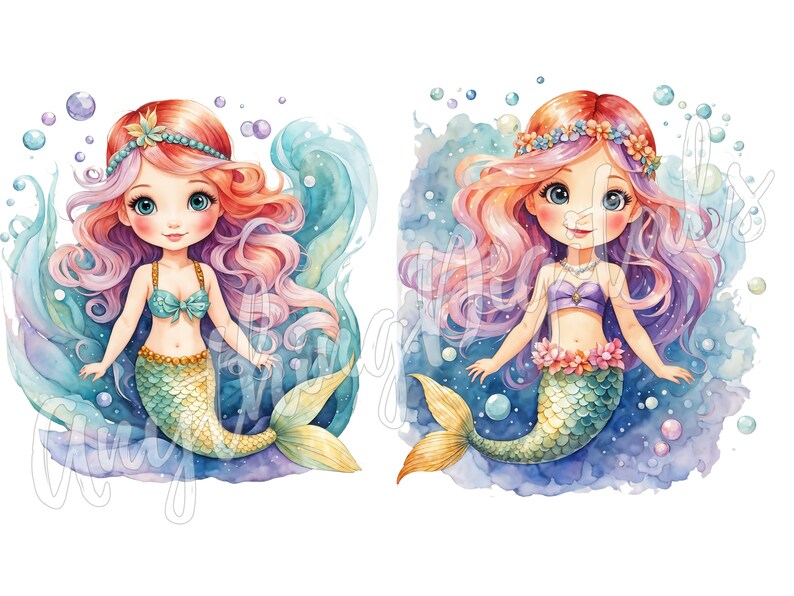 Mermaid Clipart Bundle Mermaid PNG Watercolor Cute Whimsical Mermaid ...