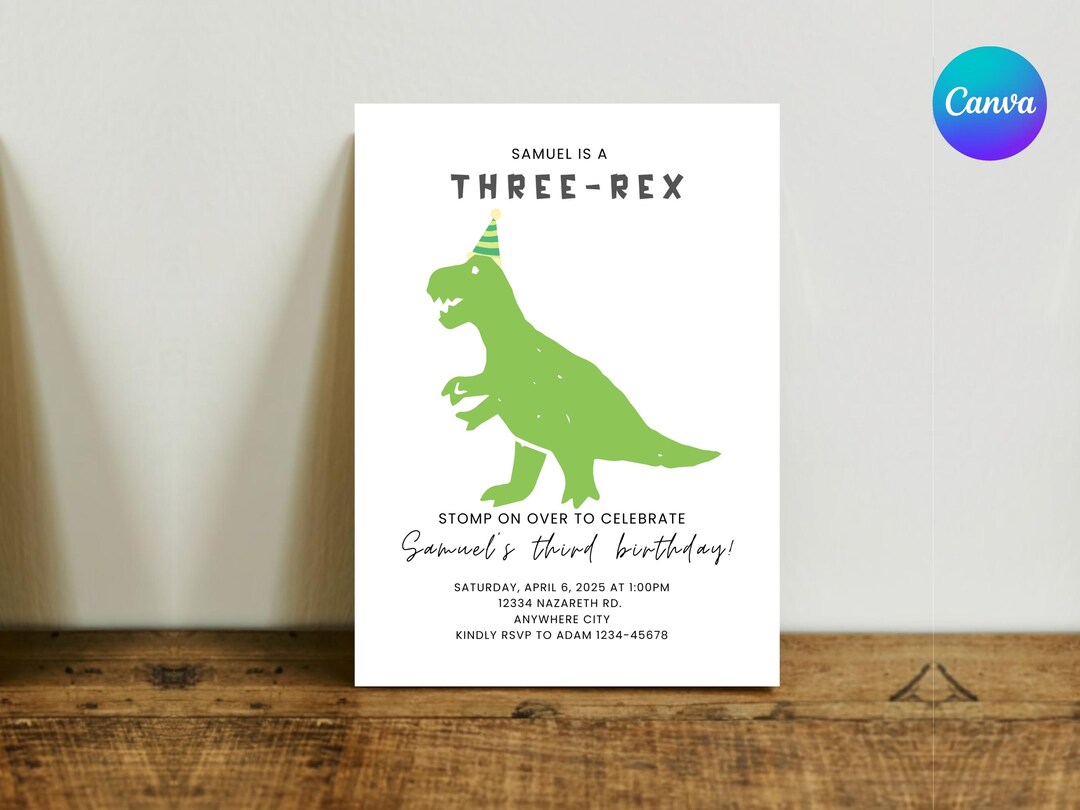 Invitación de cumpleaños de dinosaurio editable Tres Rex 3-Rex Dinosaur ...