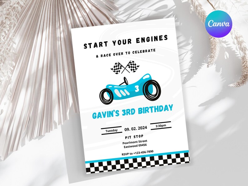 Editable Racing Car Birthday Invitation Blue Race Car 3rd Birthday ...