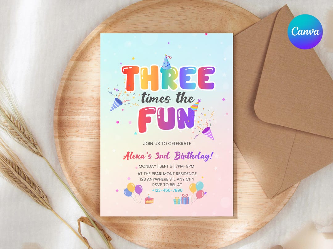 Three Times the Fun Birthday Invitation Template, Colorful 3rd Birthday ...