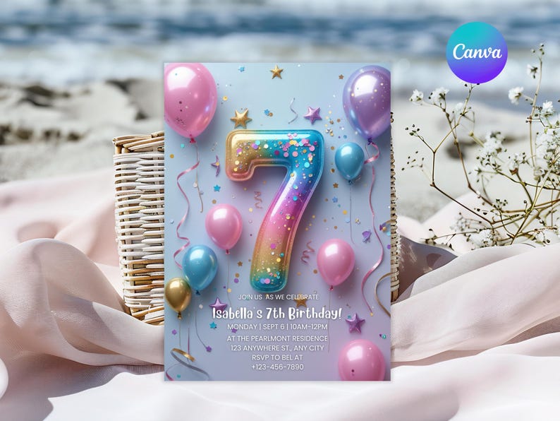 7th Birthday Invitation Girl Pink Pastel Seventh Birthday Editable ...