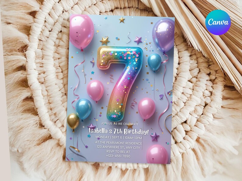 7th Birthday Invitation Girl Pink Pastel Seventh Birthday Editable ...