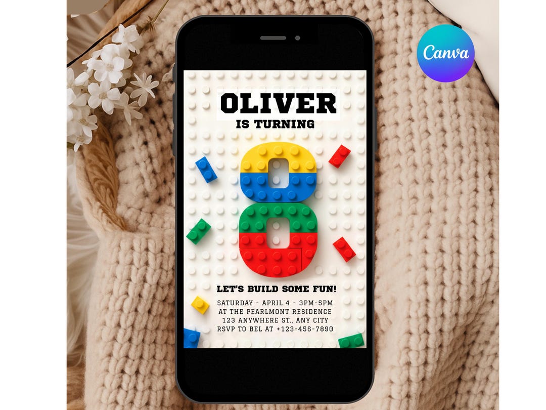 8th Building Blocks Birthday Invitation | Blocks Birthday Party Invite ...