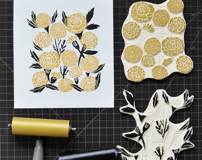 Marigolds - Original Block Print Linocut by Andrea Lauren - Etsy