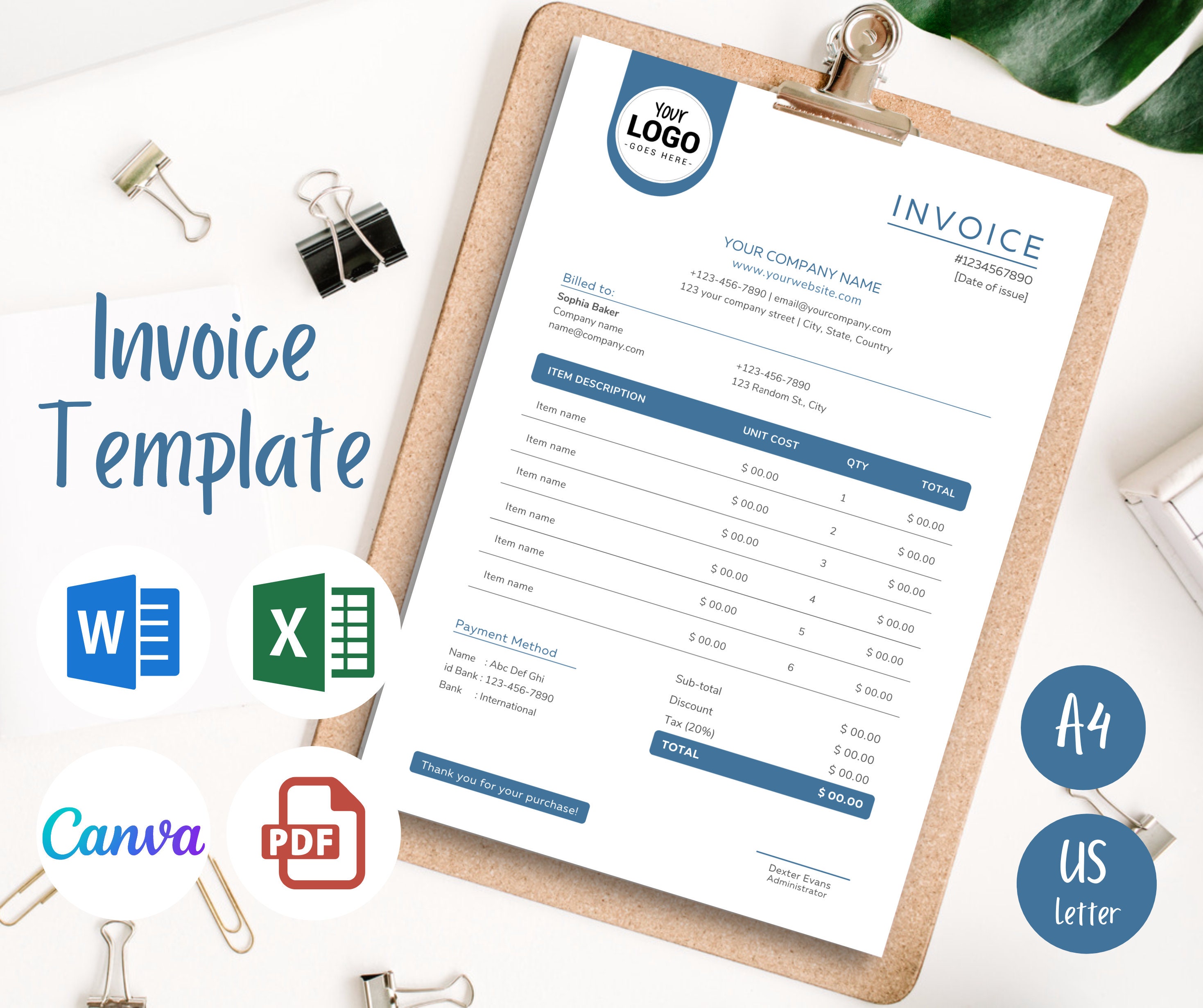 Canva Invoice Template, Editable Invoice, Small Business Invoice, Excel ...