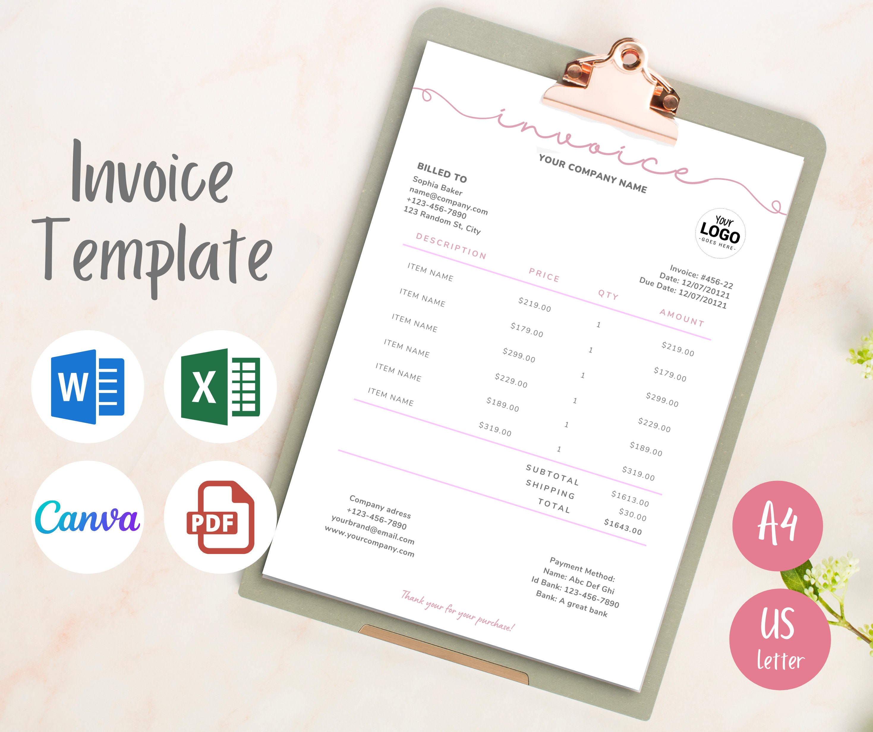 Minimalist Invoice Template, Editable Invoice, Small Business Invoice ...