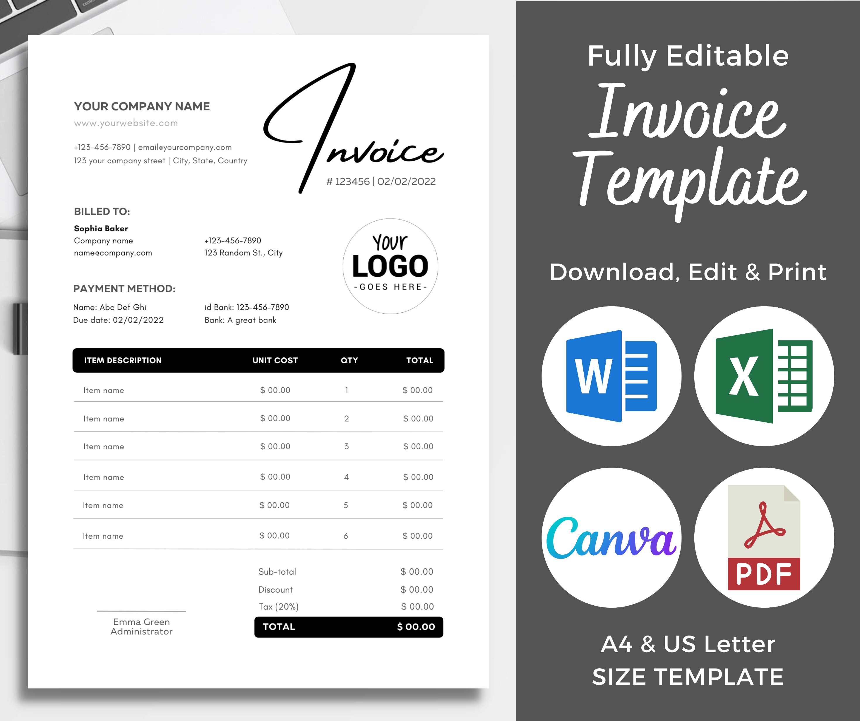 Canva Invoice Template, Editable Invoice, Small Business Invoice, Excel ...