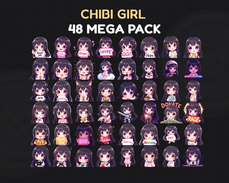Chibi Girl Emote Pack: 48 Kawaii Anime Emojis for Twitch & Discord - Etsy