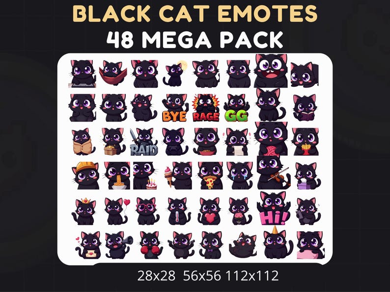 48 Black Cat Twitch Emotes: Chibi Stream Emoji Pack - Etsy