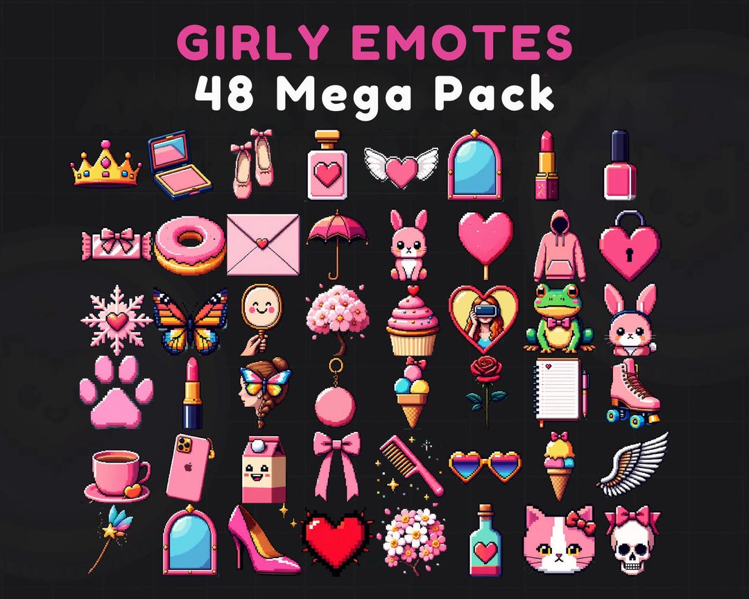 48 Pixel Girly Pack Emotes for Twitch and Discord | Pink Emotes| Cute ...