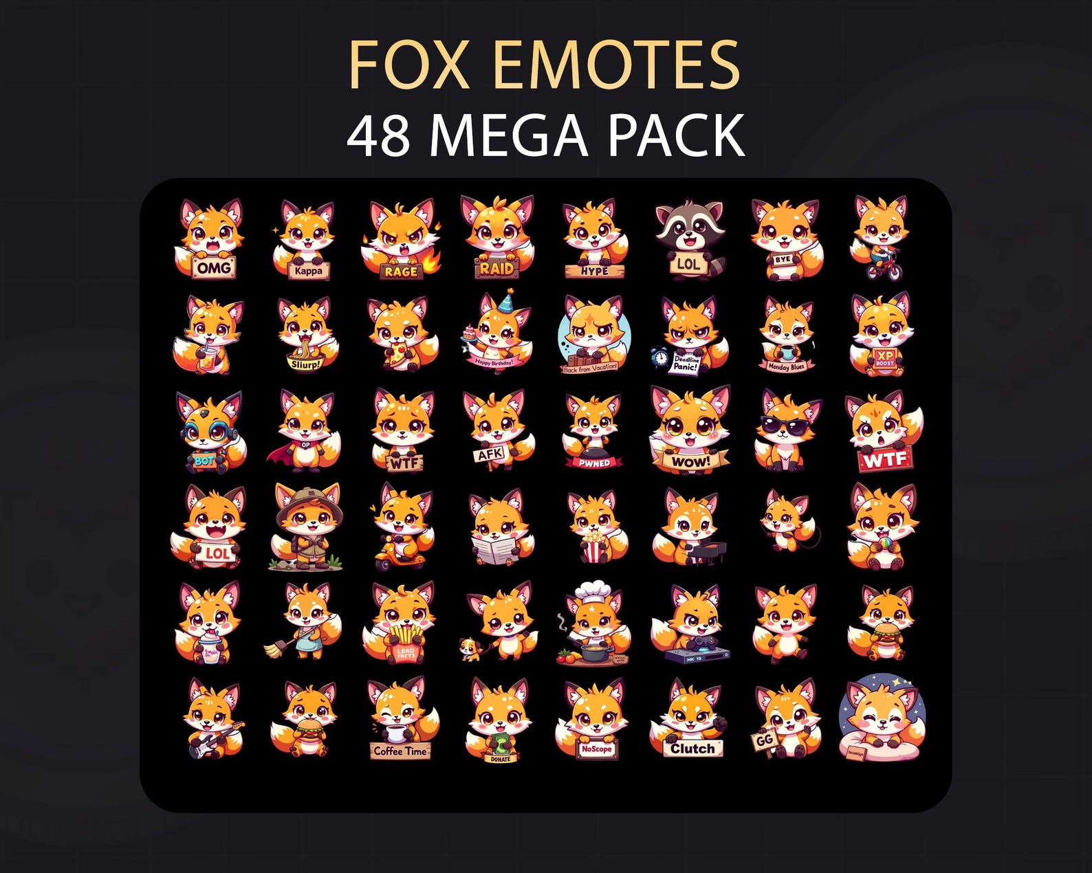 Kawaii Red Fox Emotes: 48x Twitch & Discord Streamer Pack (digital ...