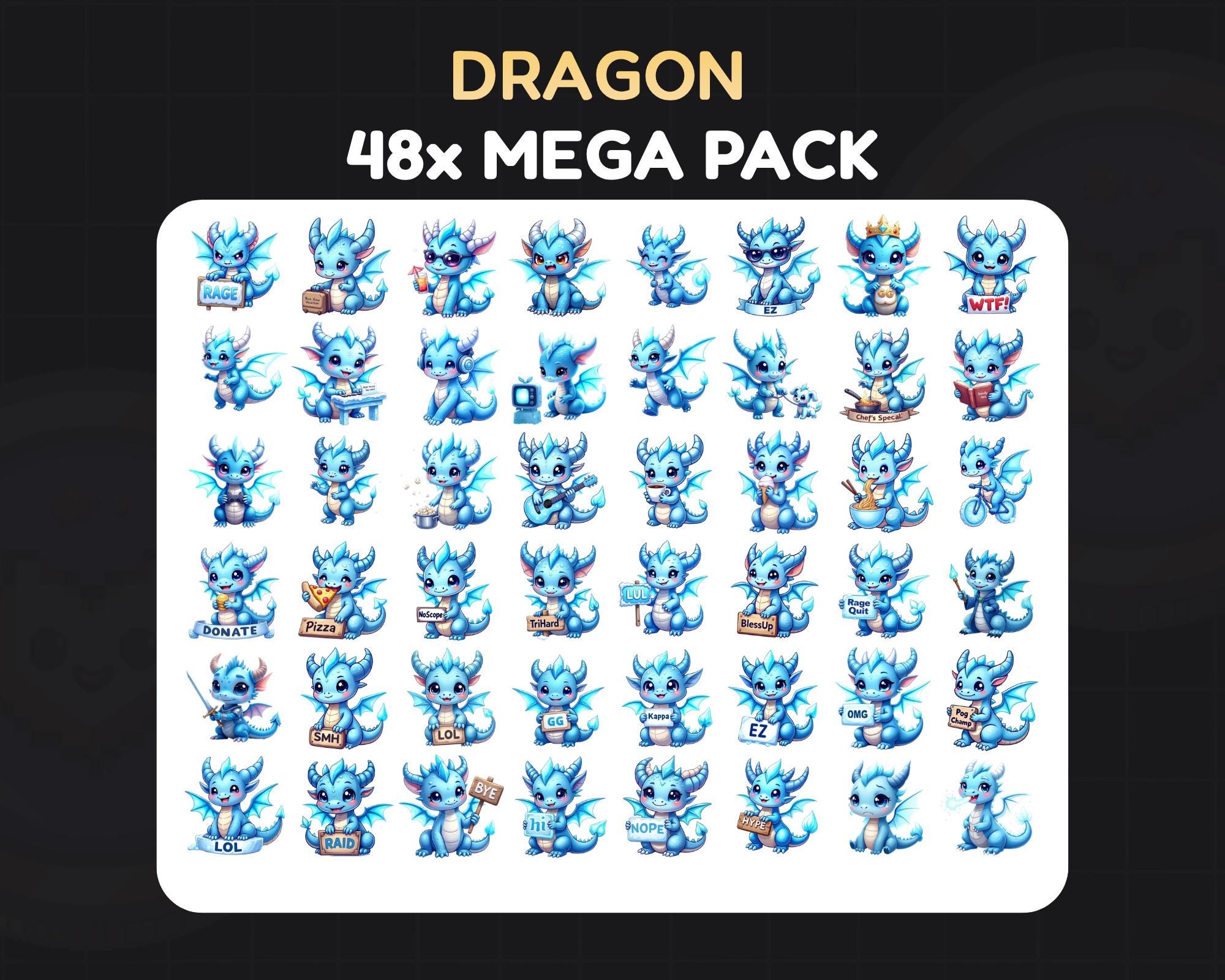 Ice Dragon Twitch 48x Discord Emote Pack | Cute Gaming Channel Points ...