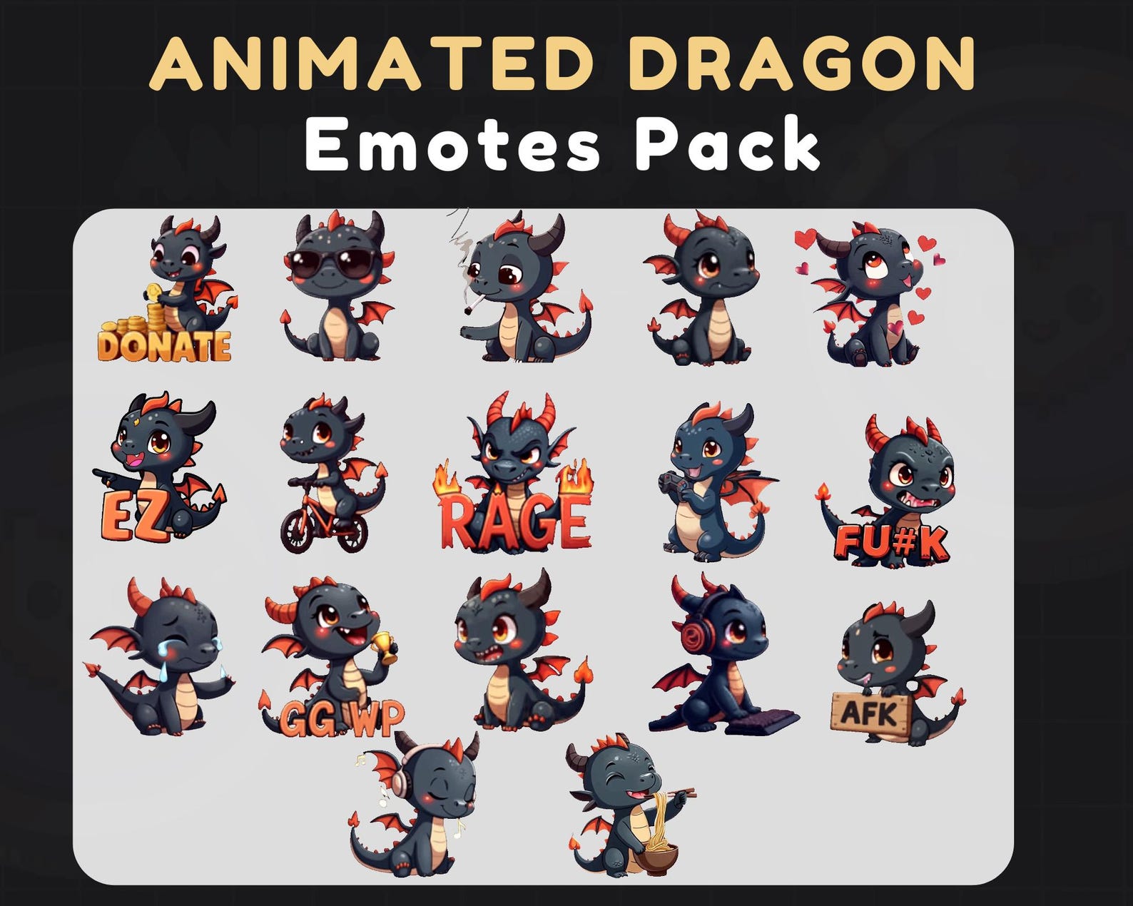 Animated Black Dragon Emote Pack 17 - Twitch & Discord Emotes Bundle ...