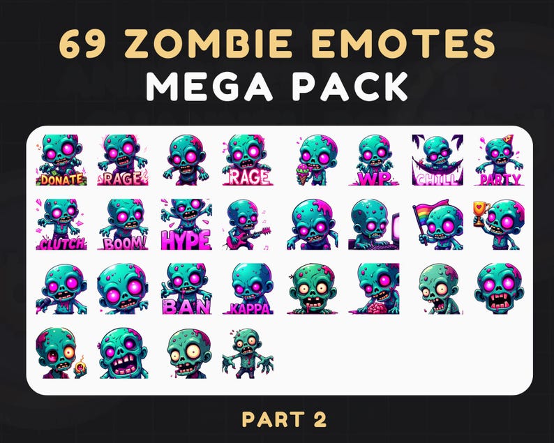 69 Neon Zombie Emotes Pack, Twitch, Discord, Youtube (digital Download ...