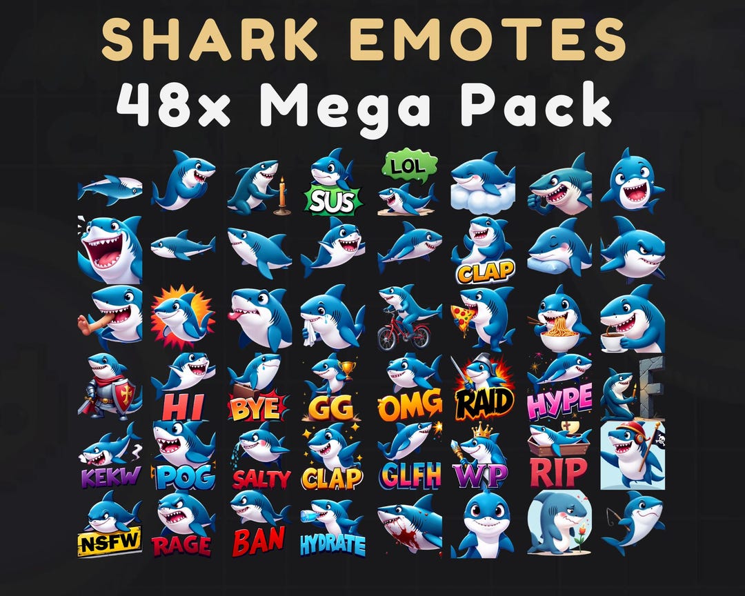 48 Blue Shark Twitch Emotes Bundle: Funny Streamer Emoticon Pack ...
