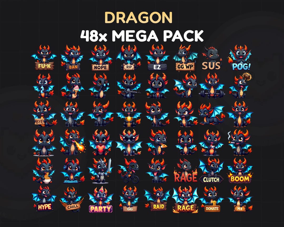 Black Dragon With Blue Wings Emote Pack 48 - Twitch & Discord Emotes ...