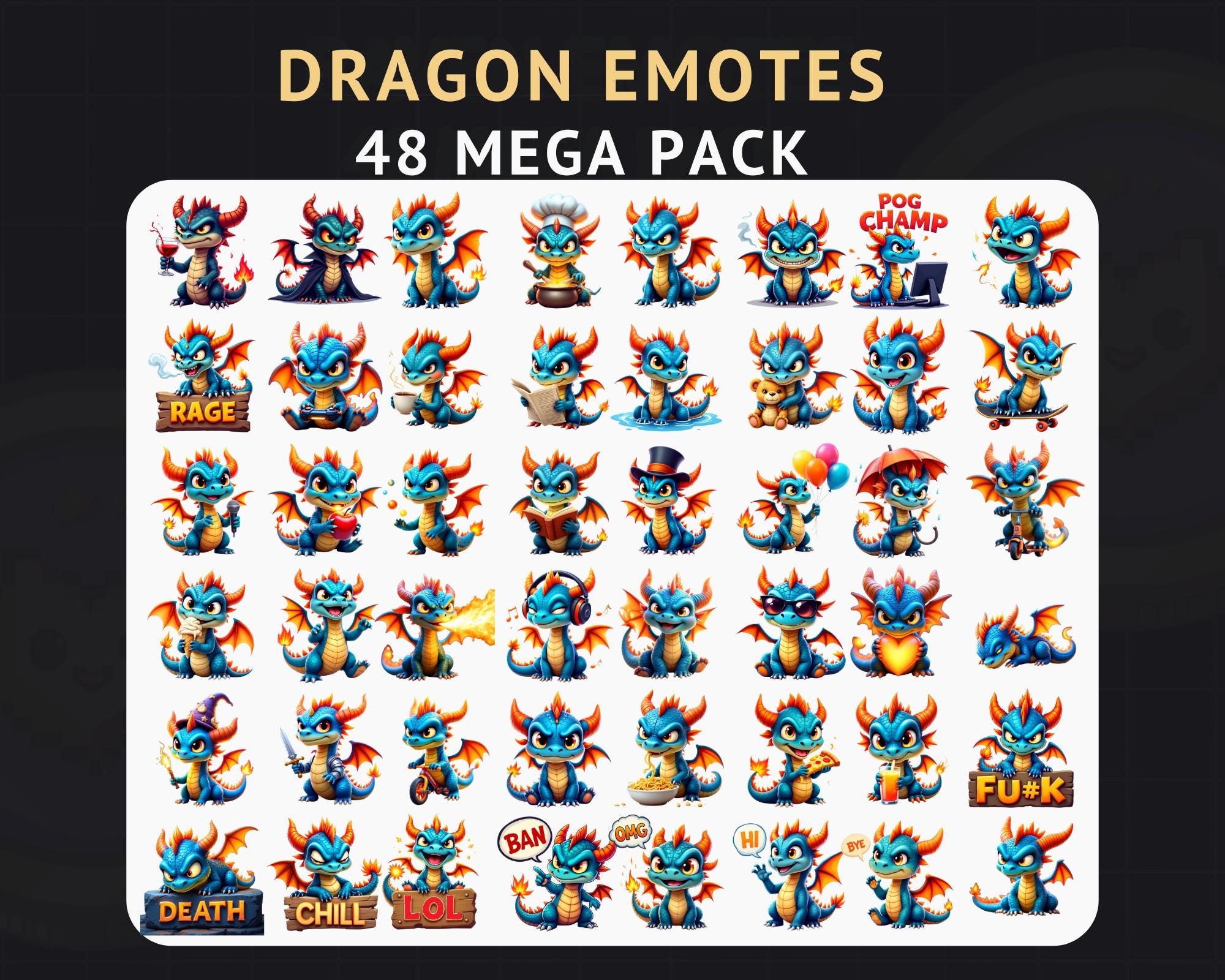 Dragon Emote Pack 48 - Twitch & Discord Emotes Bundle for Gaming, Cute ...