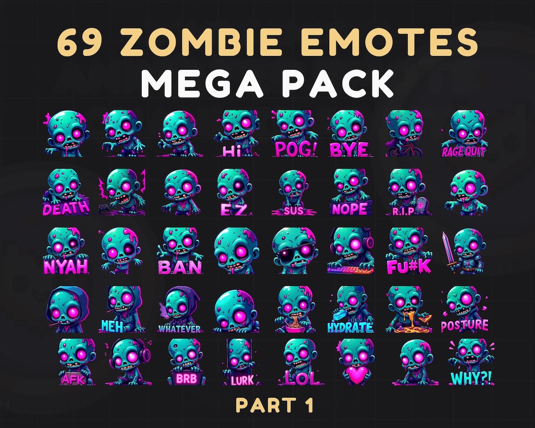 69 Neon Zombie Emotes Pack, Twitch, Discord, Youtube (digital Download ...