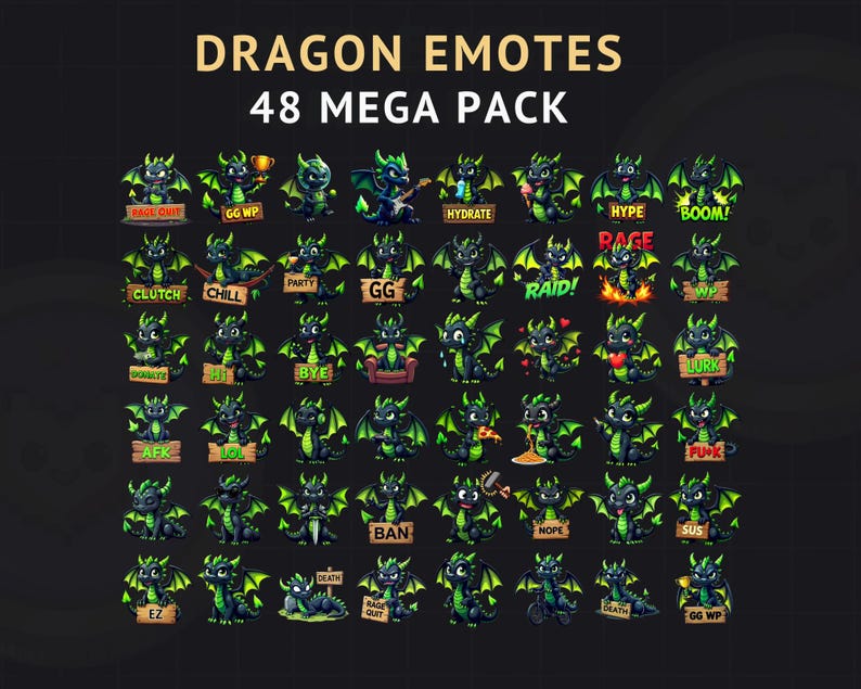 Black Dragon With Green Wings Emote Pack 48 - Twitch Emotes Bundle for ...