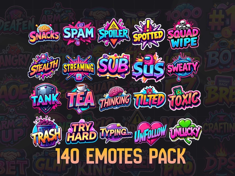 140 Text Twitch Emotes Pack, Stream Assets for Discord Kick, Hype GG ...