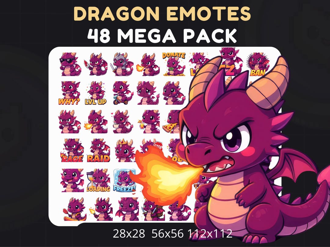 48 Dragon Twitch Emotes Pack for Streamers, Twitch Emojis, Chibi Emotes ...