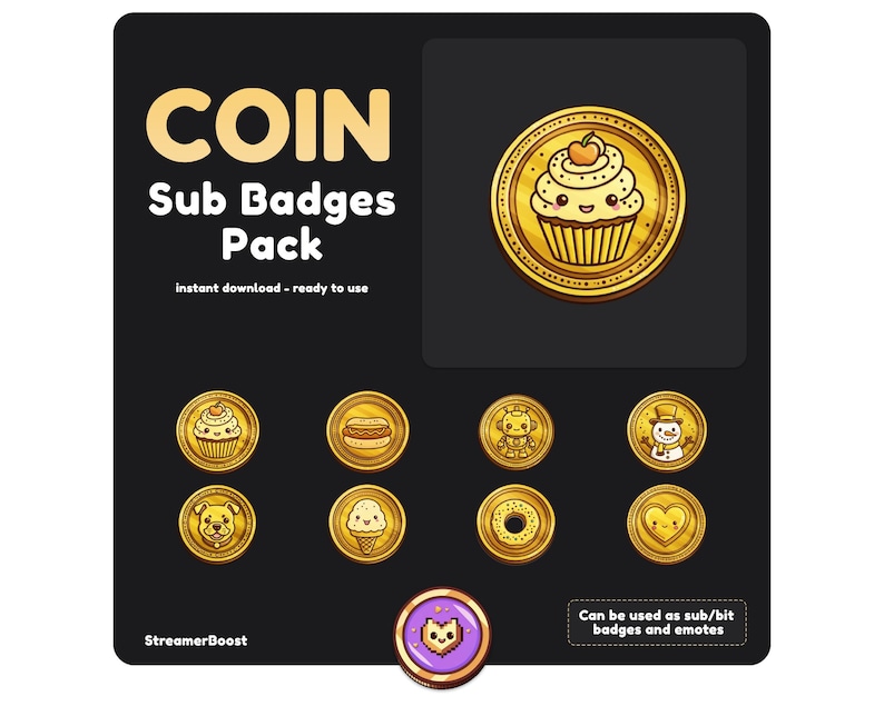 8 Cute Gold Coin Twitch Sub Badges + 2 Free | Kawaii Channel Points ...