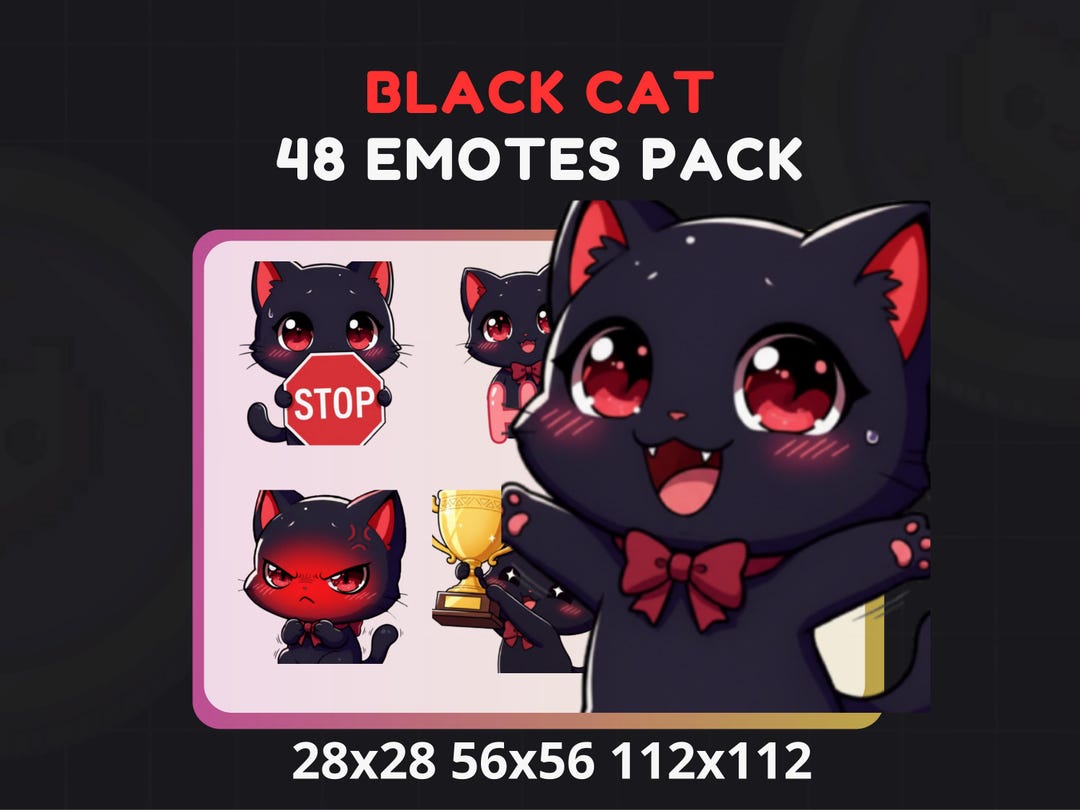 48 Kawaii Black Cat Emotes With Red Bow – PNG Icons Bundle for ...