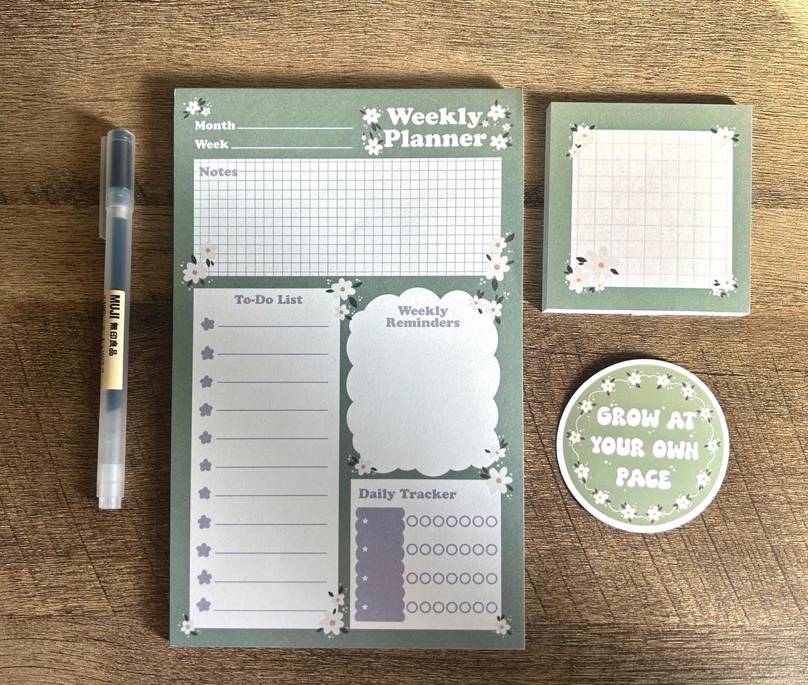 White Flower Planner Set: Weekly Notepad, Muji Pen & Vinyl Sticker - Etsy