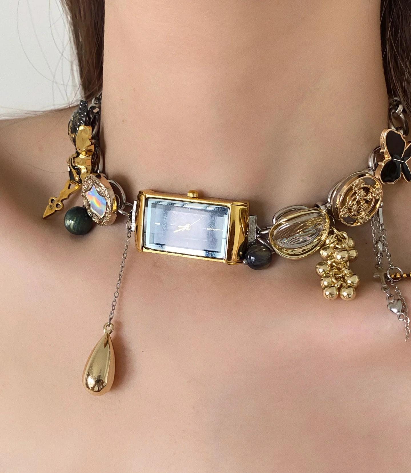 Vintage Punk Golden Watch Titanium Steel Choker, Water Droplet Shape ...