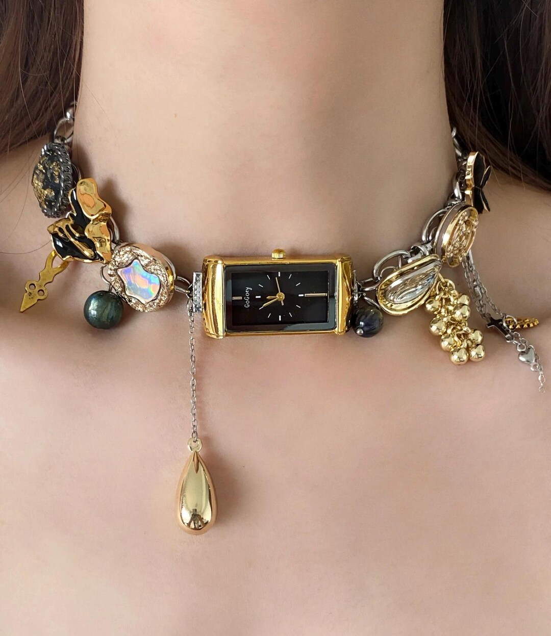 Vintage Punk Golden Watch Titanium Steel Choker, Water Droplet Shape ...