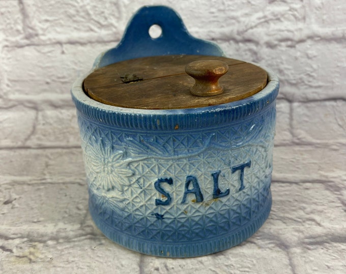 Vintage Early Salt Glaze Blue and White Stoneware Crock Salt Box With ...