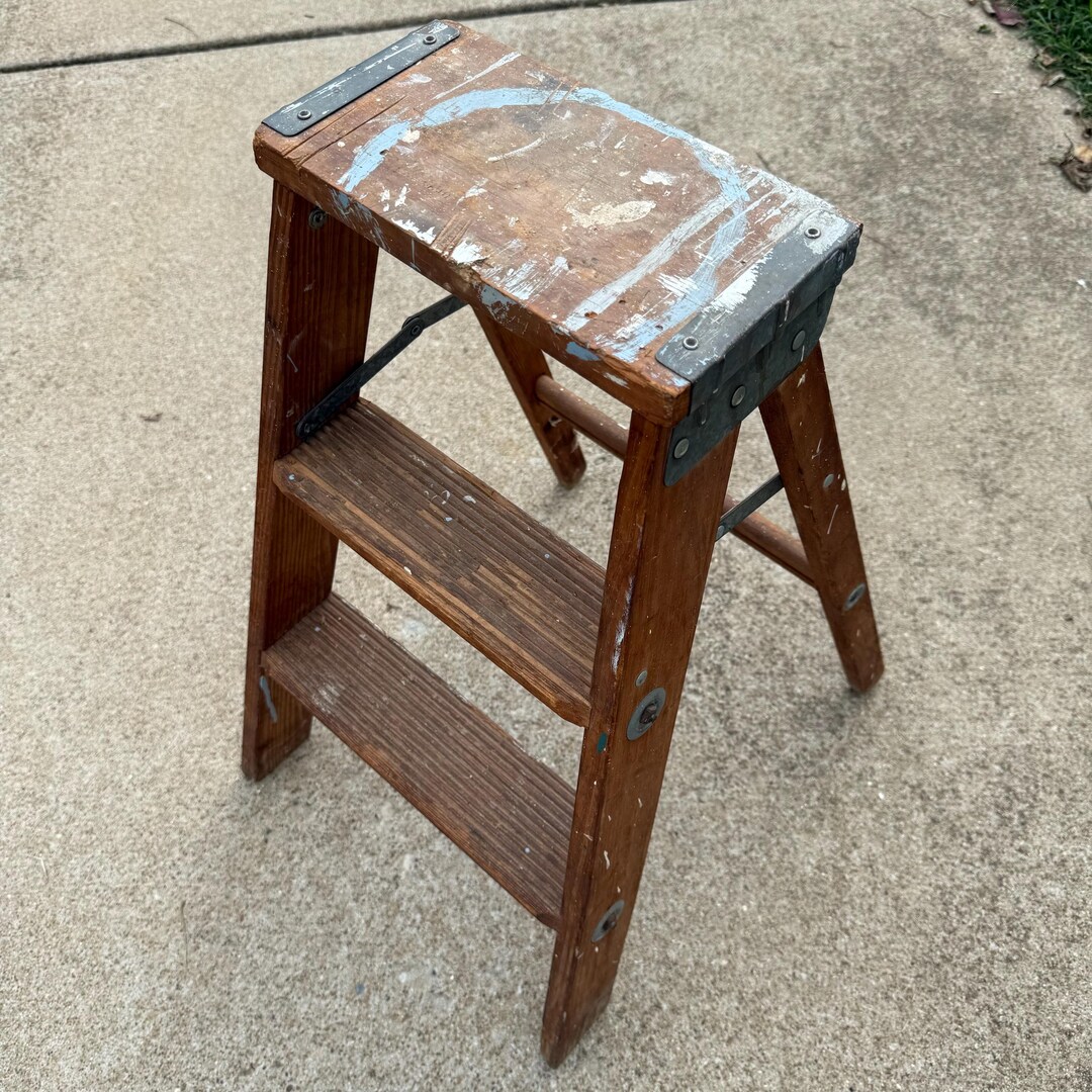 Vintage Small Wood Folding Small Step Ladder Plant Stand Shelf Paint ...