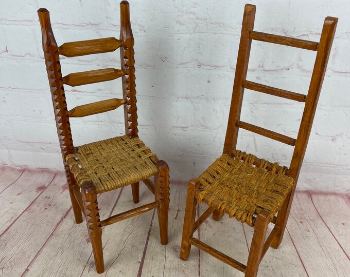 Pair of Vintage 1970’s Era Brown Wood Ladder Back Folk Art Doll Chairs ...