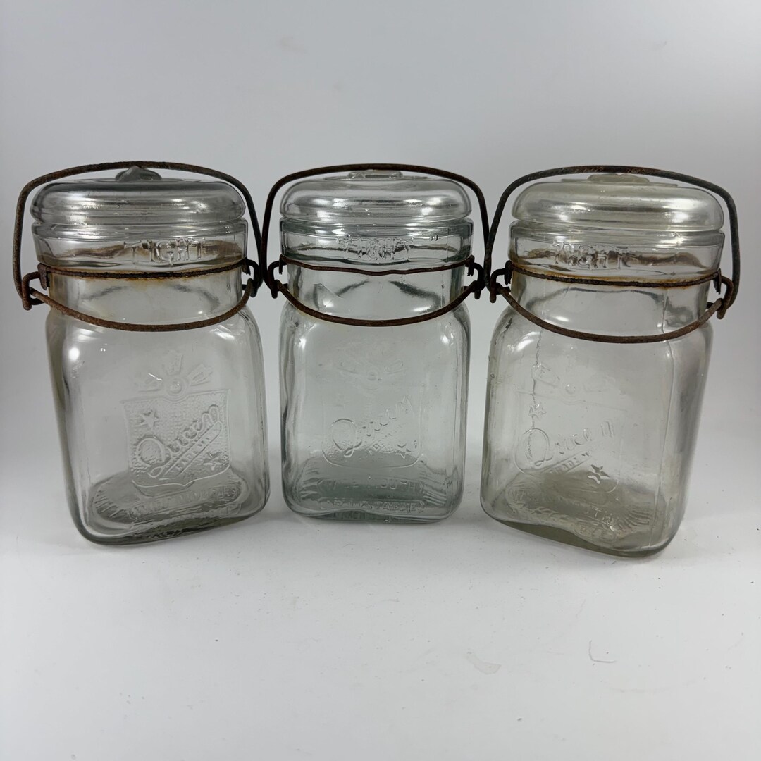 Trio of Vintage Pint QUEEN Pint Jars With Glass Lids and Wire Bail ...