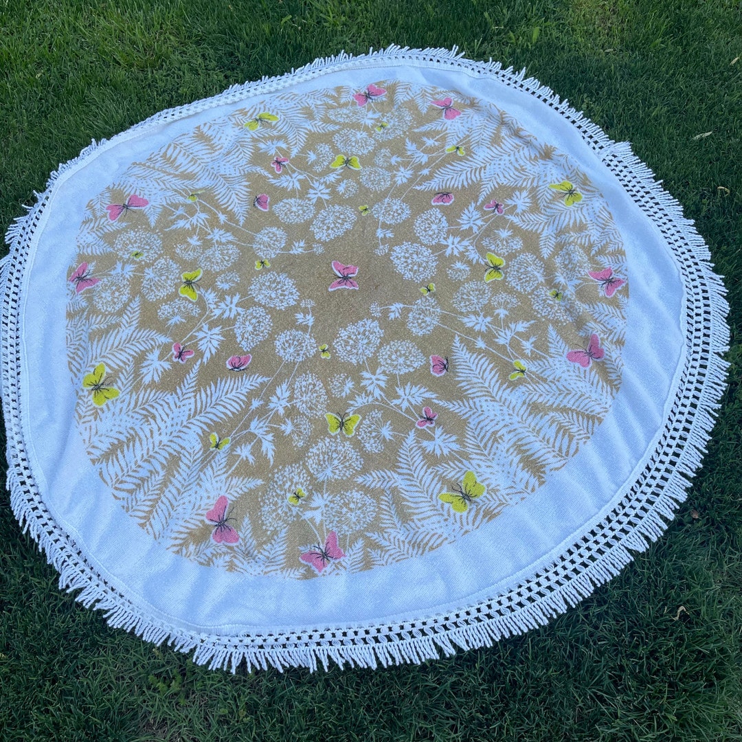 Vintage Fern Leaves and Butterflies Terry Cloth Round Tablecloth With ...