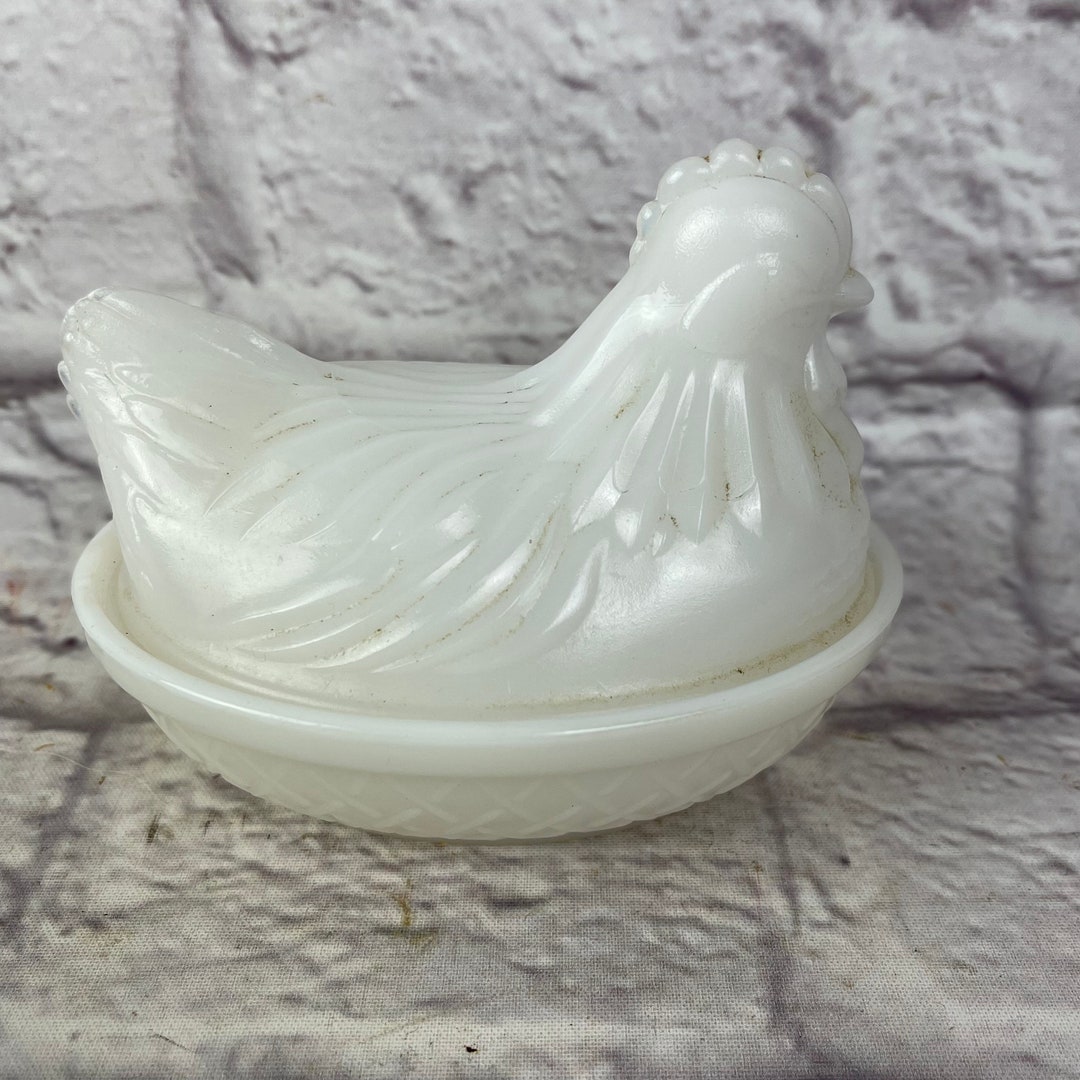 Vintage Small White Milk Glass Chicken Hen on Nest Basket Weave Base - Etsy